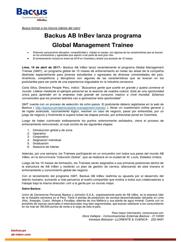 Backus Ab Inbev Lanza Programa Global Management Trainee | PDF | Business