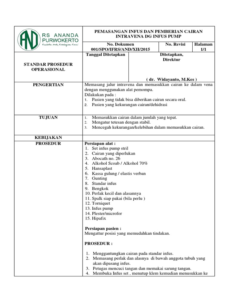Sop Pemasangan Infus Dan Pemberian Cairan Intravena DG Infus Pump | PDF