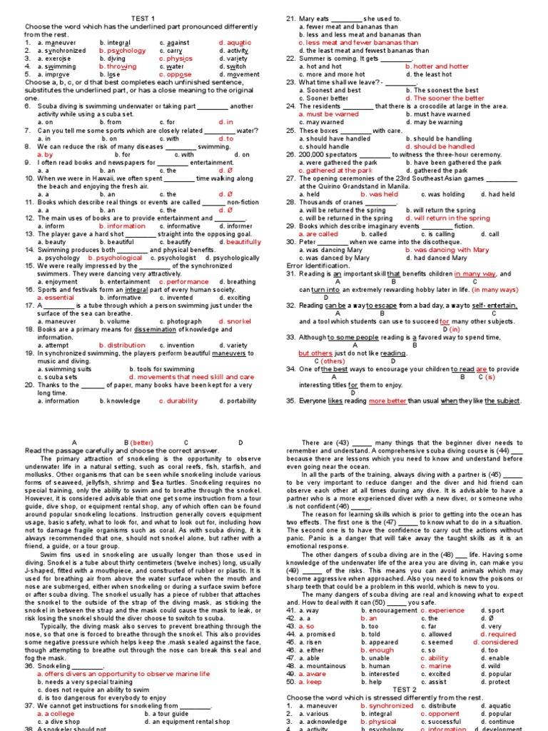 Pronunciation and Sentence Completion Test | PDF | Snorkeling | Scuba ...