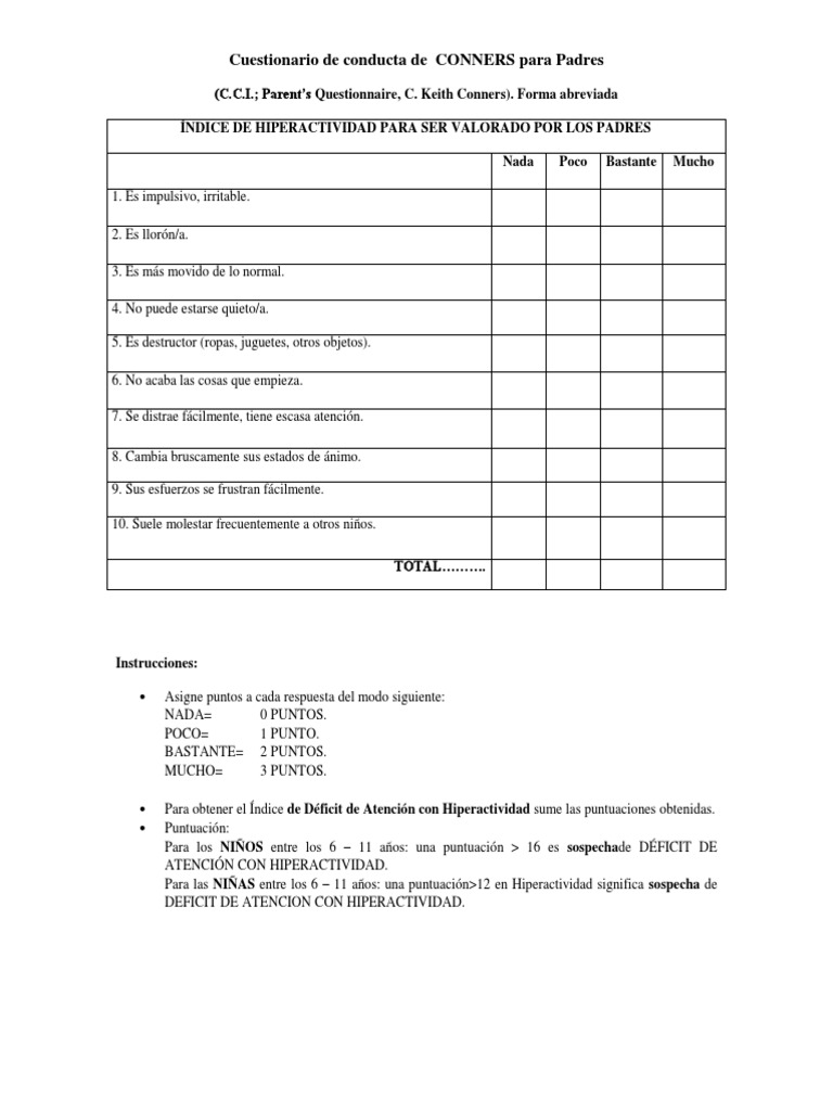 Test De Conners Para Tdah : Escala-De-conners-para-tdah Completo ...