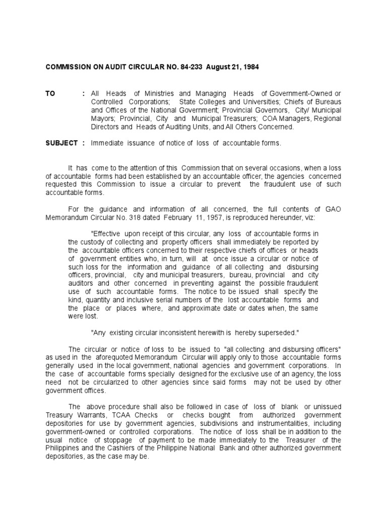 84-233 Immediate Issuance of Notice of Loss of Accountable Forms ...