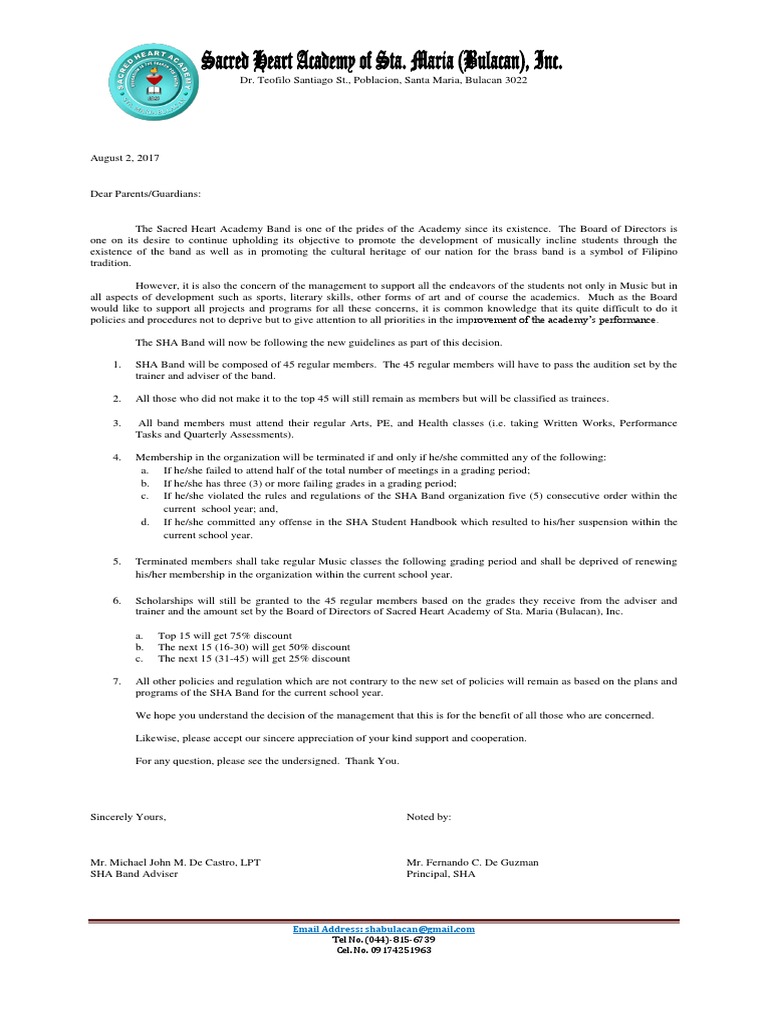 Sha Band Letter To The Parents | PDF | Further Education