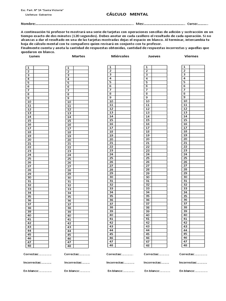 Calculo Mental Planilla | PDF | Deportes | Ocio