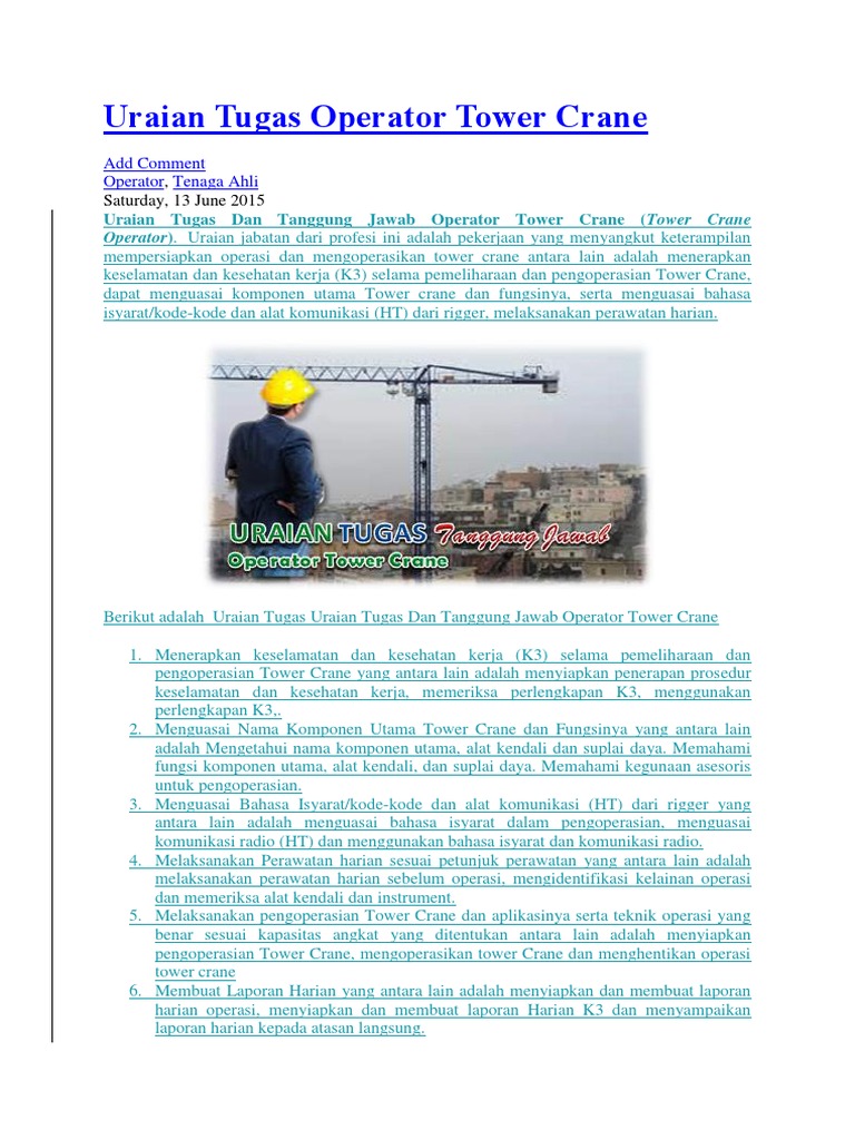 Uraian Tugas Operator Tower Crane | PDF