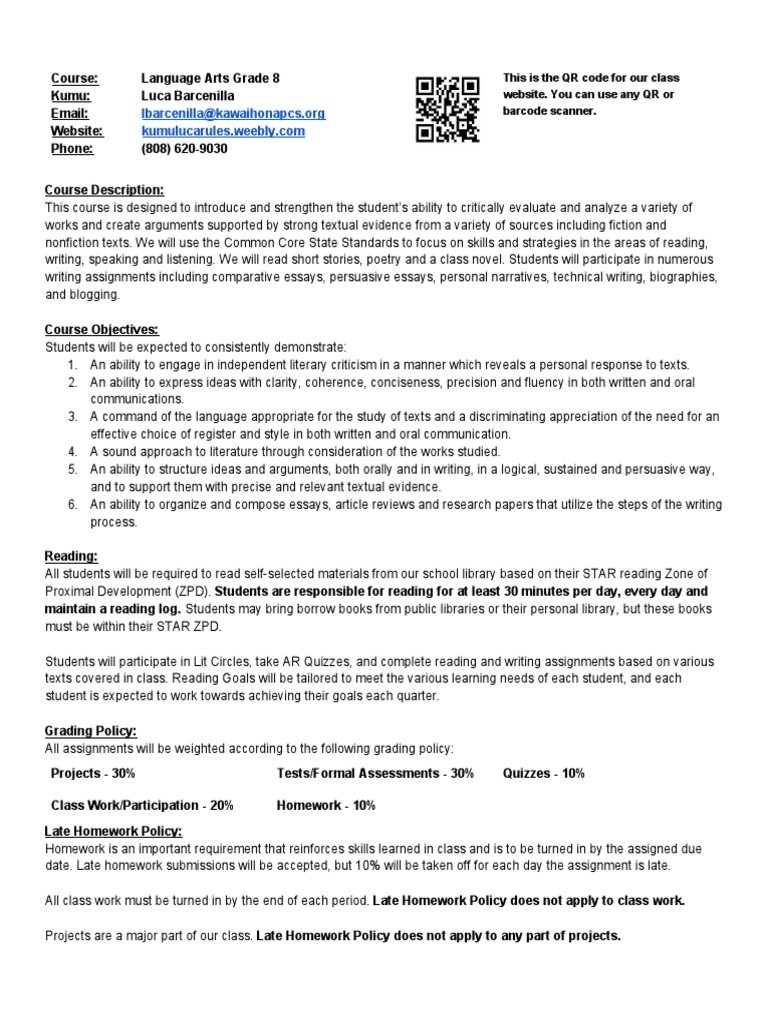 Grade 8 Language Arts Course Overview | PDF | Homework | Essays