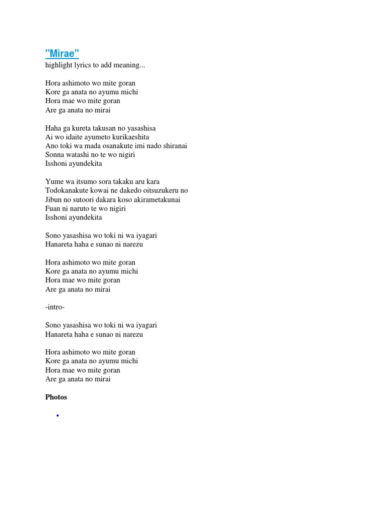 Kiroro "Mirae" Lyrics Analysis | PDF