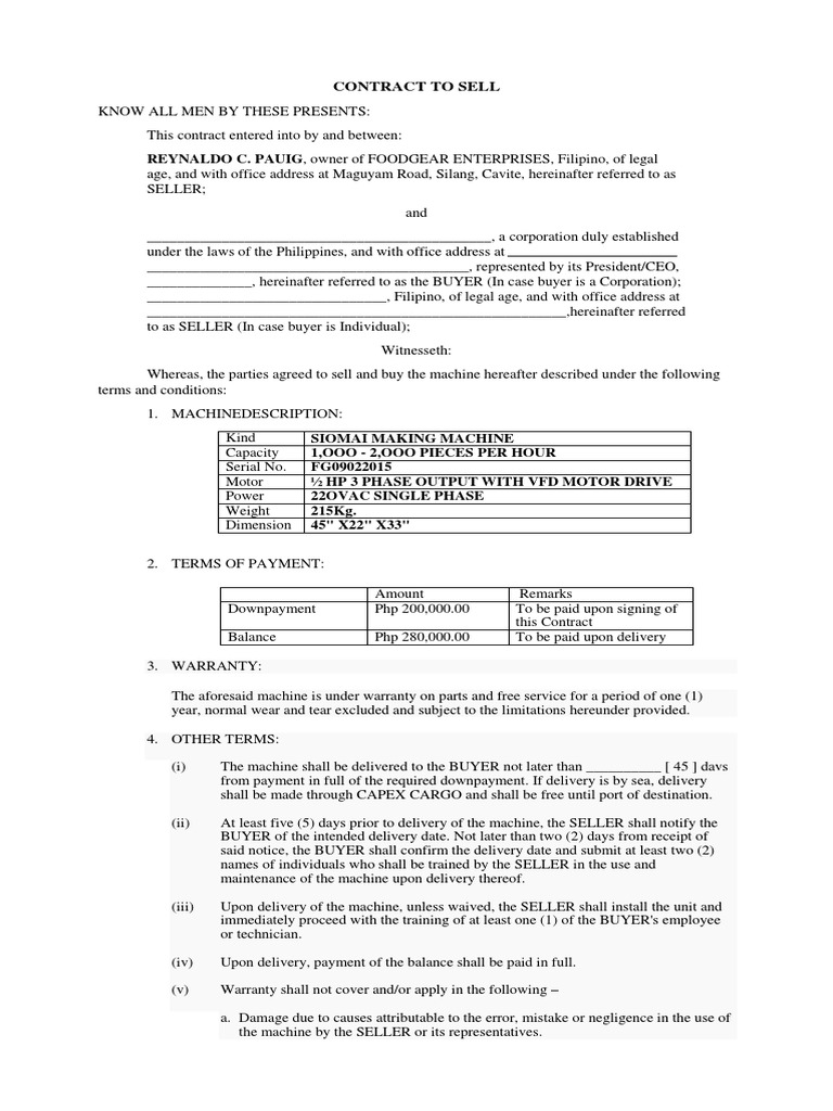 CONTRACT TO SELL Sample | PDF | Law Of Obligations | Justice