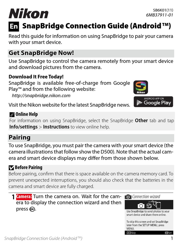 Snapbridge Connection Guide (Android) : Get Snapbridge Now! Get Snapbridge Now! | PDF