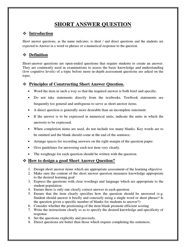 Short Answer Question & MCQs | PDF | Question | Multiple Choice