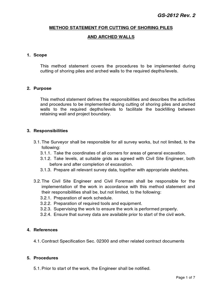 Method Statement For Cutting of Shoring Piles Rev 2 | PDF | Deep Foundation | Surveying