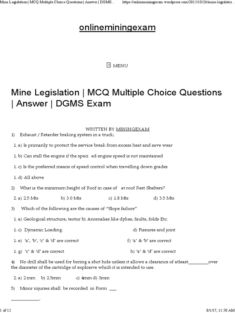 Mine Legislation _ MCQ Multiple Choice Questions _ Answer _ DGMS Exam ...