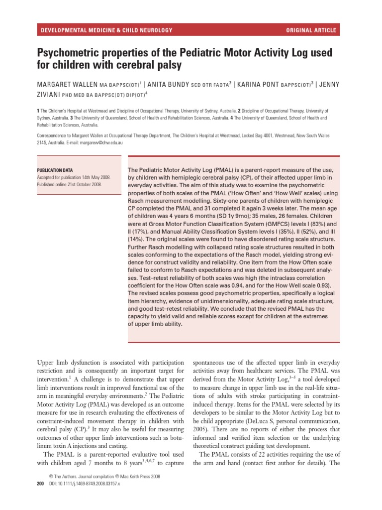 Psychometric Properties of The Pediatric Motor Activity Log Used For ...
