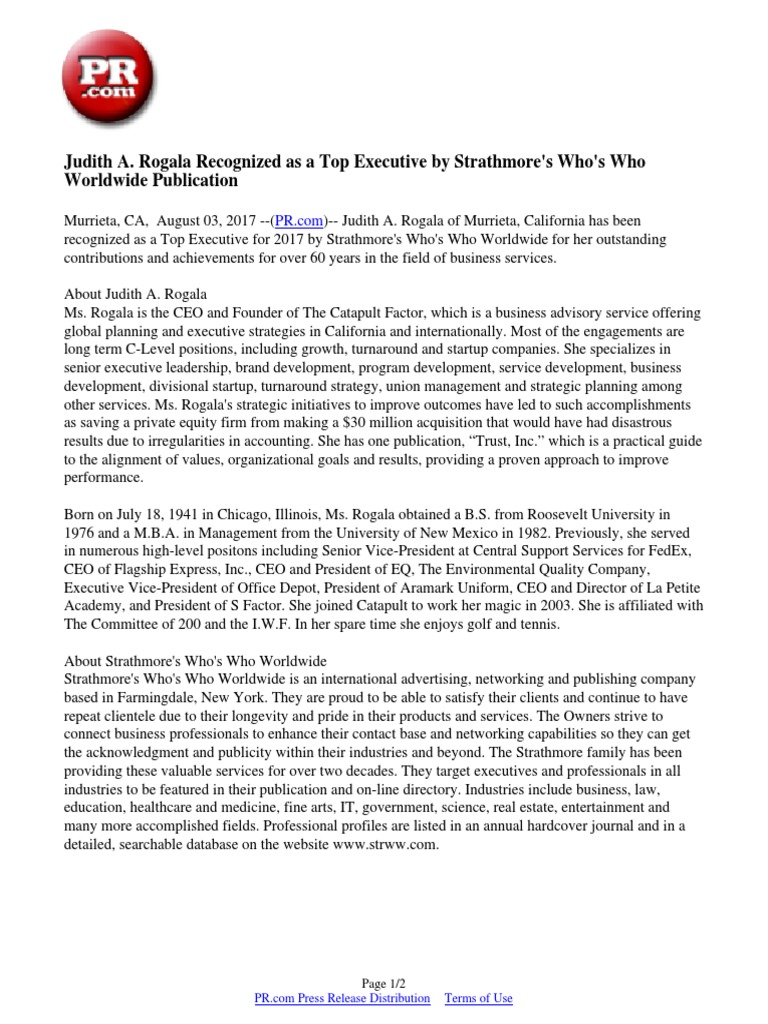 Judith A. Rogala Recognized As A Top Executive by Strathmore's Who's ...
