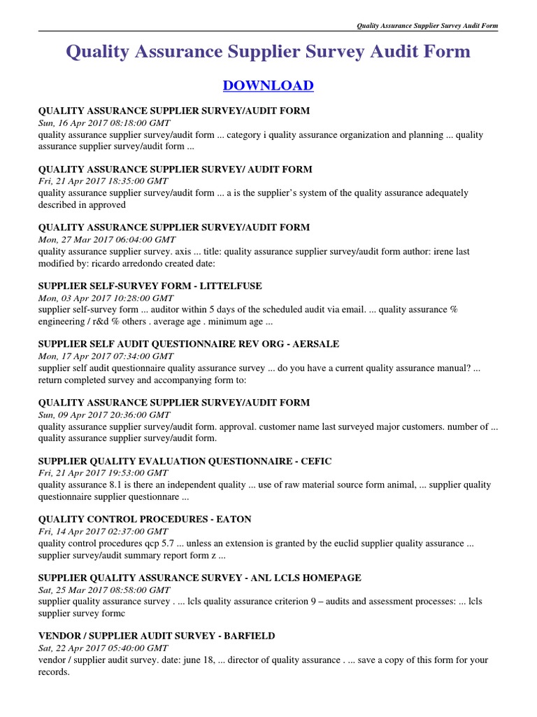 Quality Assurance Supplier Survey Audit Form | PDF | Quality Assurance ...