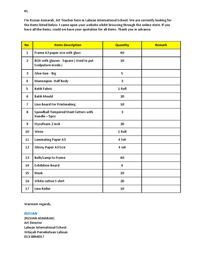 No Items Description Quantity Remark: Rizuan | PDF