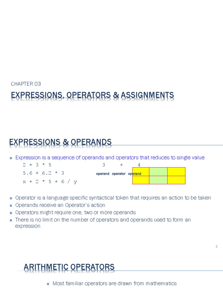 Lecture - 03-Expressions, Operators & Assignments | PDF | Division (Mathematics) | Notation