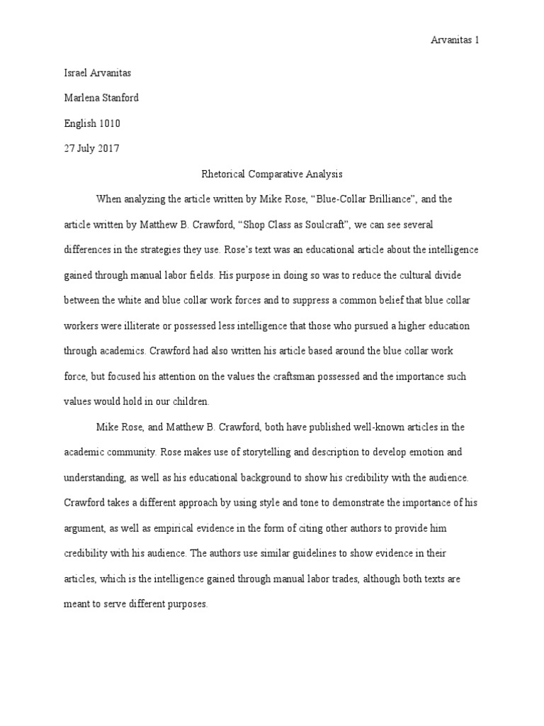 Rhetorical Analysis Final Revised | PDF | Blue Collar Worker | Essays