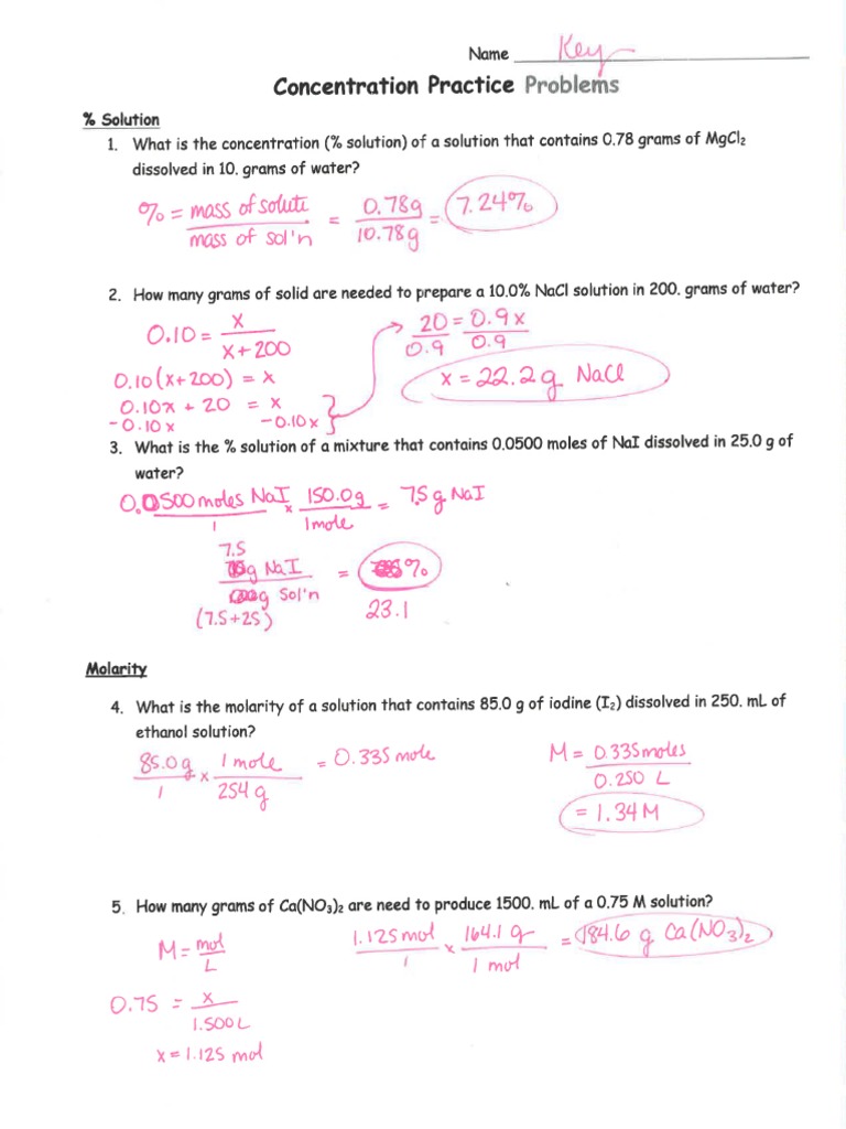 Concentration Practice Worksheet ANSWERS | PDF