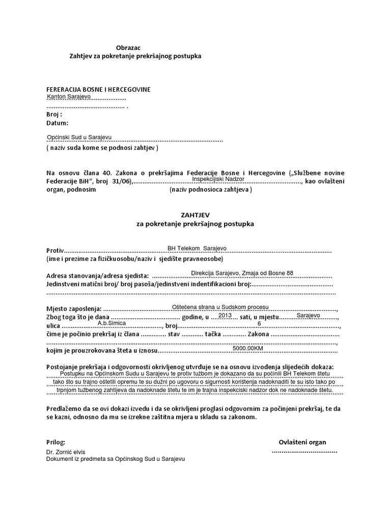 A81d2-Zahtjev Za Pokretanje Prekrsajnog Postupka Int2BH-Telekom 7 | PDF