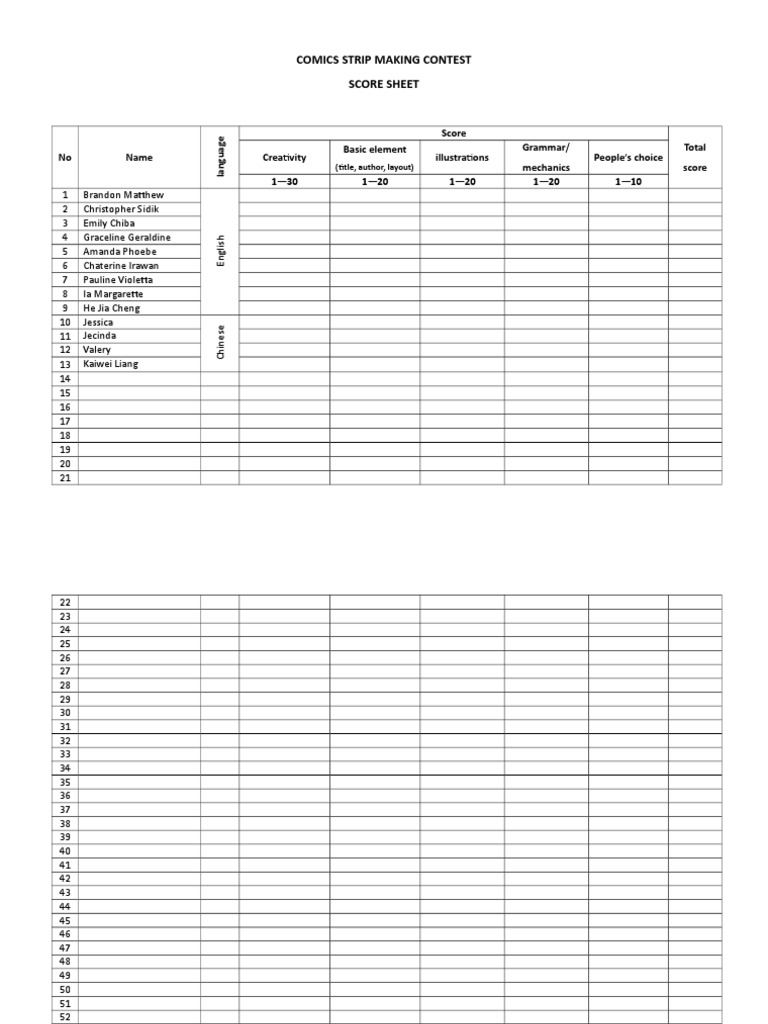 Comics Strip Score Sheet | PDF