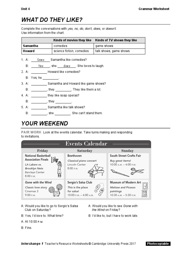 Interchange5thEd Level1 Unit04 Grammar Worksheet | PDF