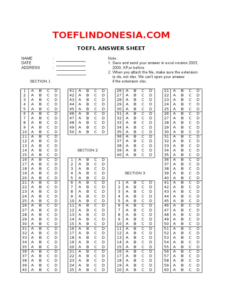 TOEFL Answer Sheet Template XLS | PDF | Windows Text Related Software ...