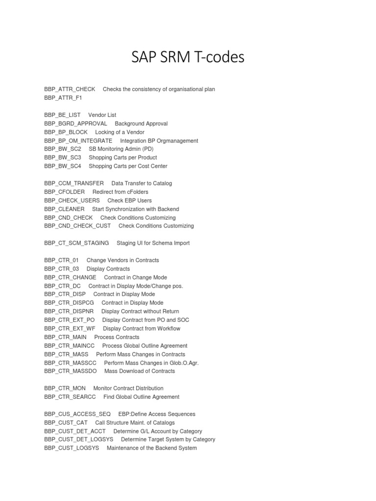 SAP SRM TCodes PDF | PDF | Workflow | Email