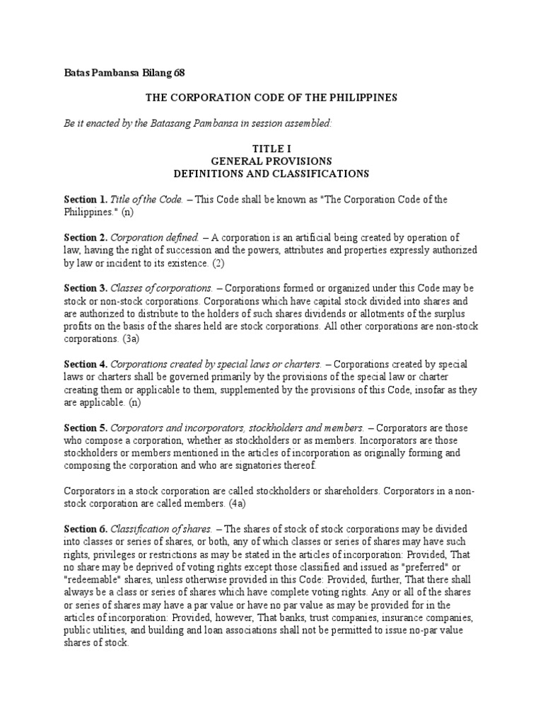 BP 68 - Corporation Code of The Philippines | PDF | Corporations ...