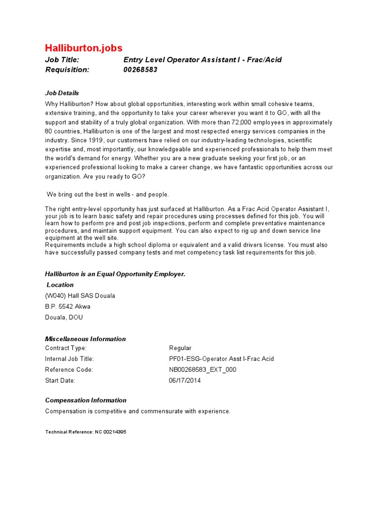 Entry Level Frac Acid Operator Assistant | PDF | Business