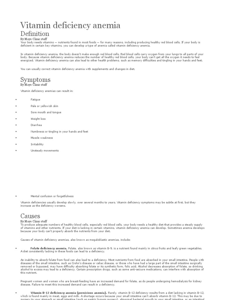 Vitamin Deficiency Anemia: by Mayo Clinic Staff | PDF | Vitamin B12 ...
