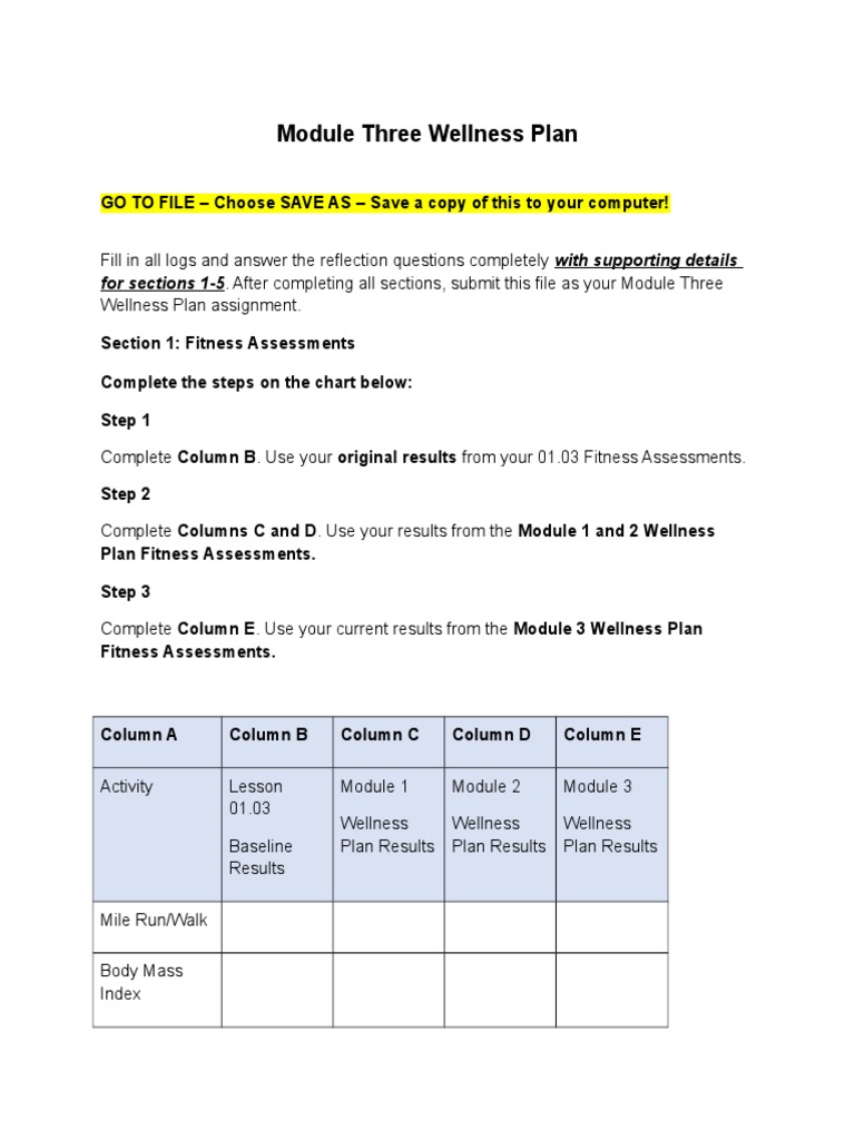 Module Three Wellness Plan | PDF | Physical Fitness | Determinants Of ...