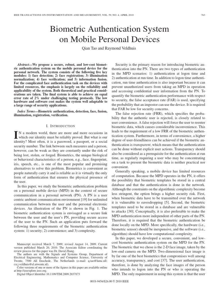 Biometric Authentication System On Mobile Personal Devices 5fo Pdf Download Free Pdf
