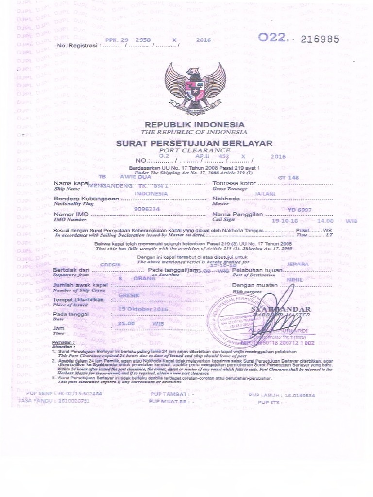 Indonesian Port Clearance Document | PDF