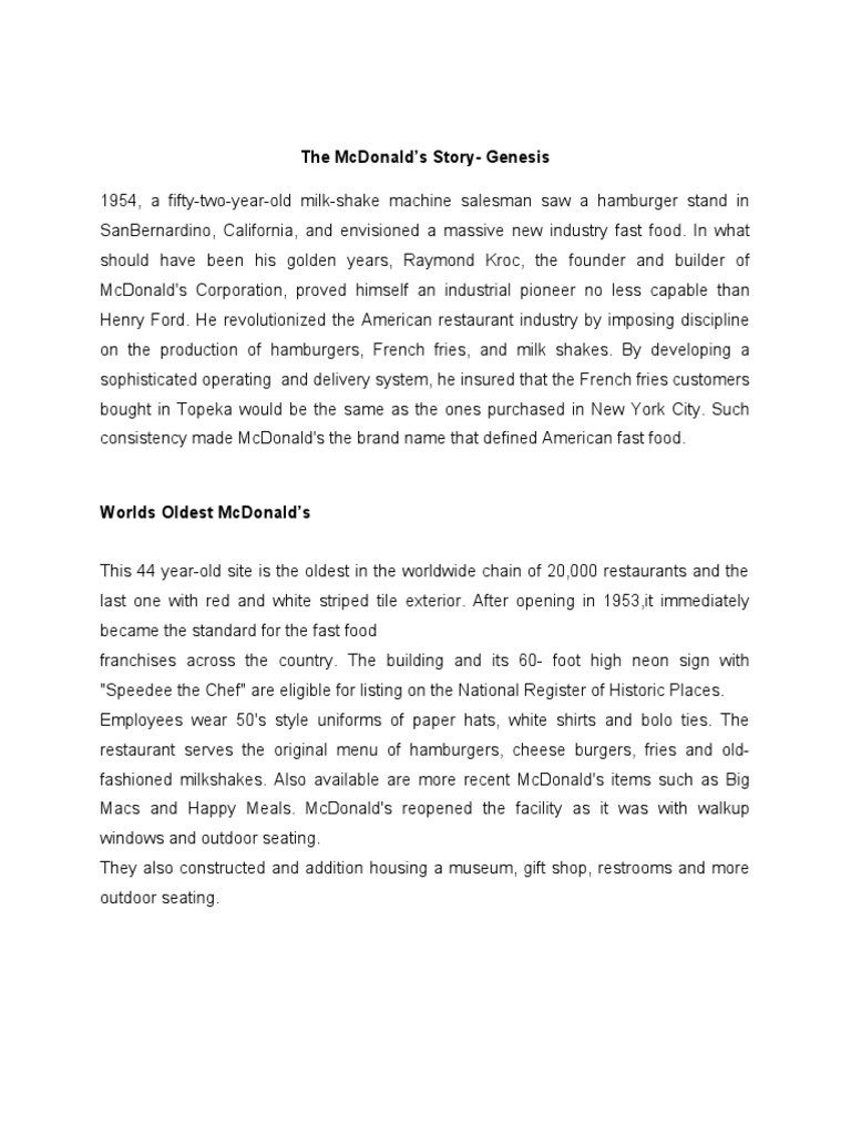 The Mcdonald'S Story-Genesis | PDF | Marketing | Microeconomics