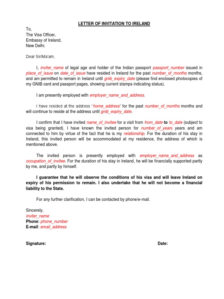 Ireland Visa Invitation Letter Template | PDF | Travel Visa | Passport