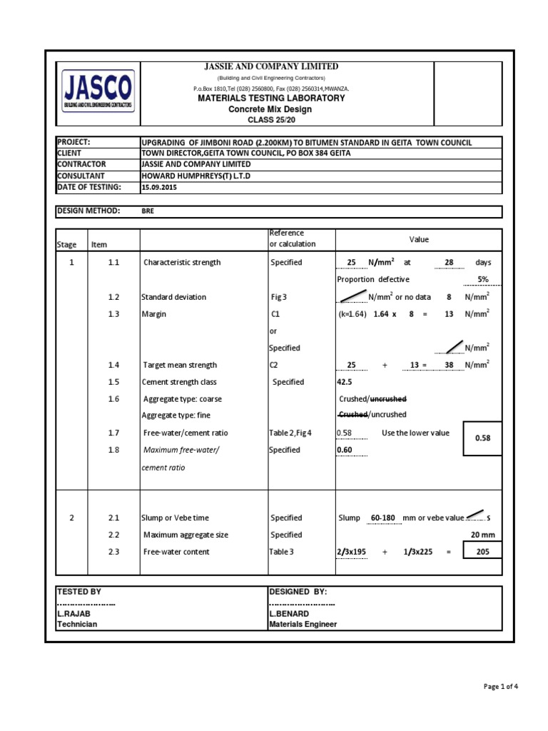 Concrete Mix Design for Jimboni Road Upgrade | PDF