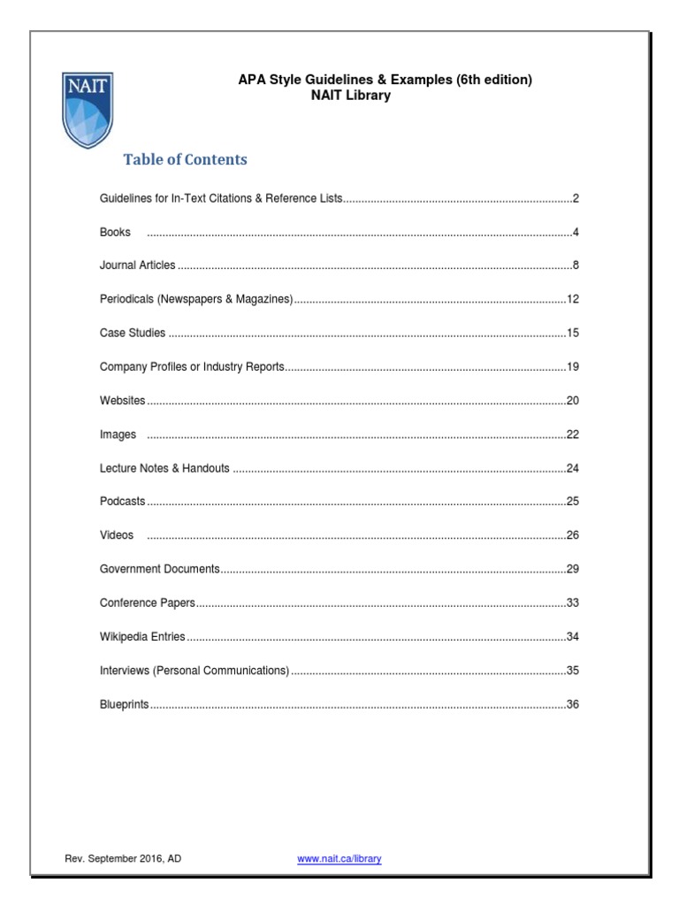 APA Style Guidelines & Examples (6th Edition) NAIT Library: Rev ...