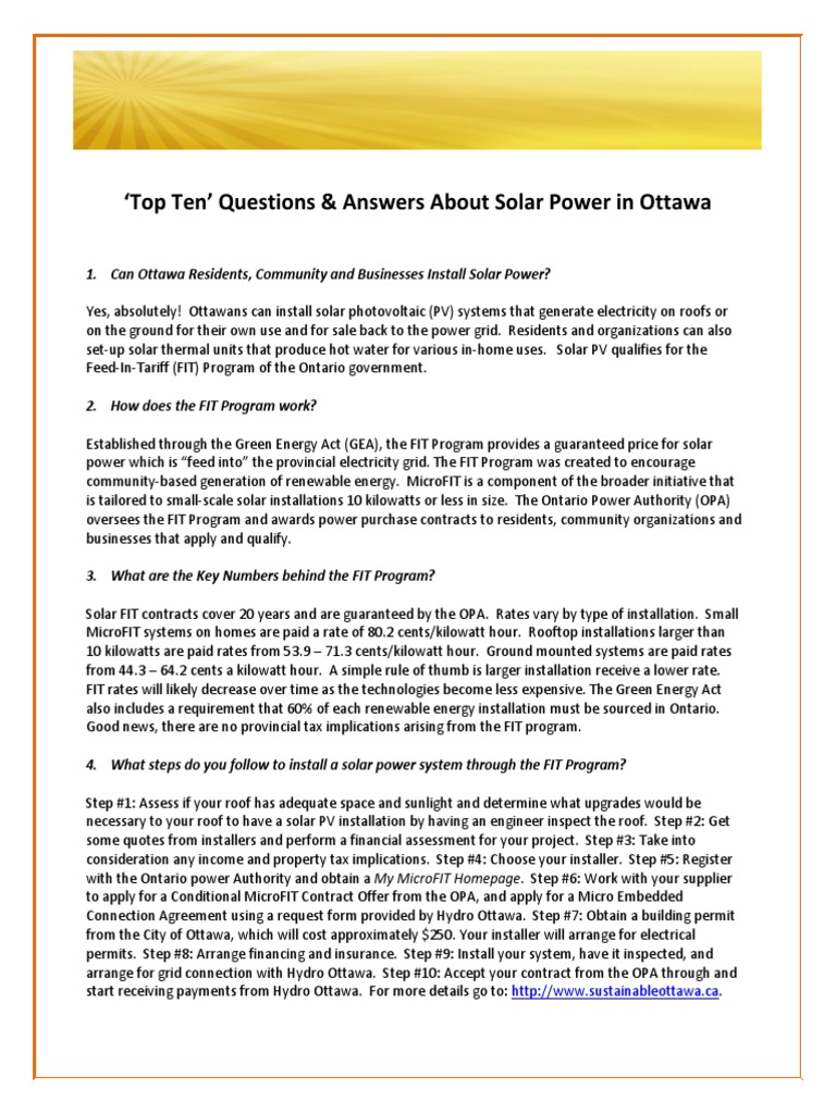 Top Ten' Questions & Answers About Solar Power in Ottawa | PDF | Solar ...