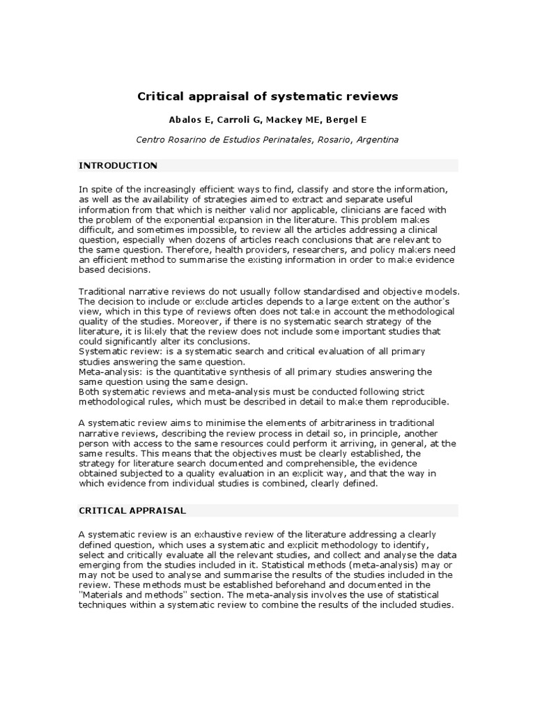 Critical Appraisal of Systematic Reviews PDF | PDF | Systematic Review ...