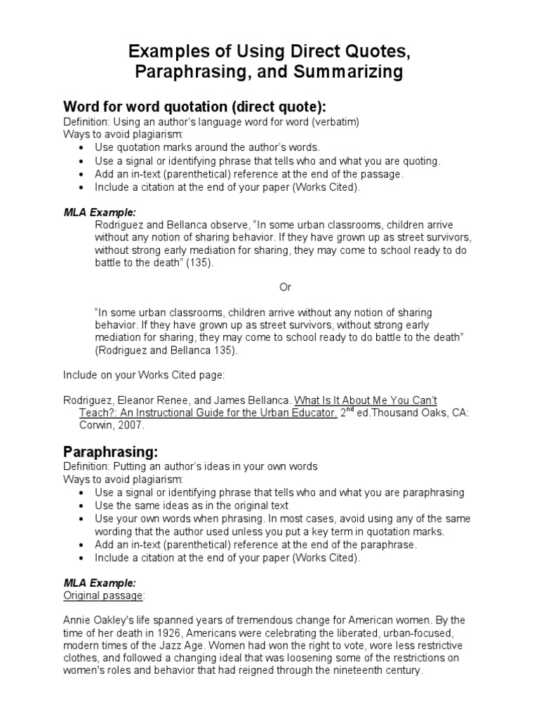 Using Direct Quotes, Paraphrasing and Summarizing | PDF