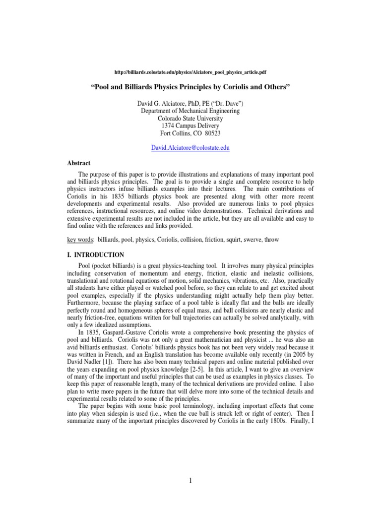 Alciatore Pool Physics Article PDF | PDF | Collision | Friction