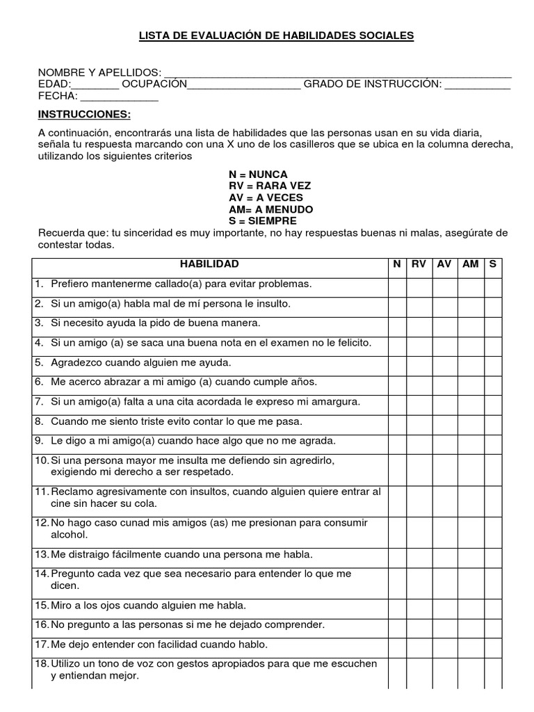 Lista de Evaluación de Habilidades Sociales | PDF | Toma de decisiones