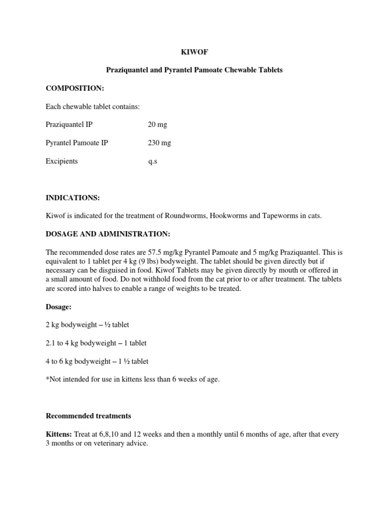 Kiwof Praziquantel and Pyrantel Pamoate Chewable Tablets Composition | PDF