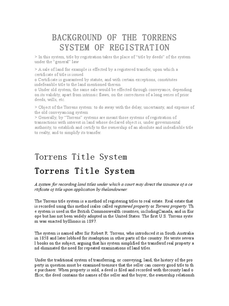 Overview of the Torrens Title System | PDF | Title (Property) | Deed