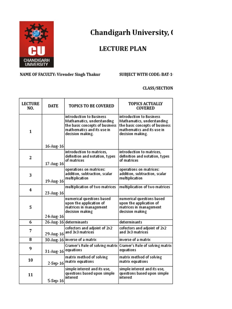 Lecture Plan Format Pdf Matrix Mathematics Arithmetic Mean