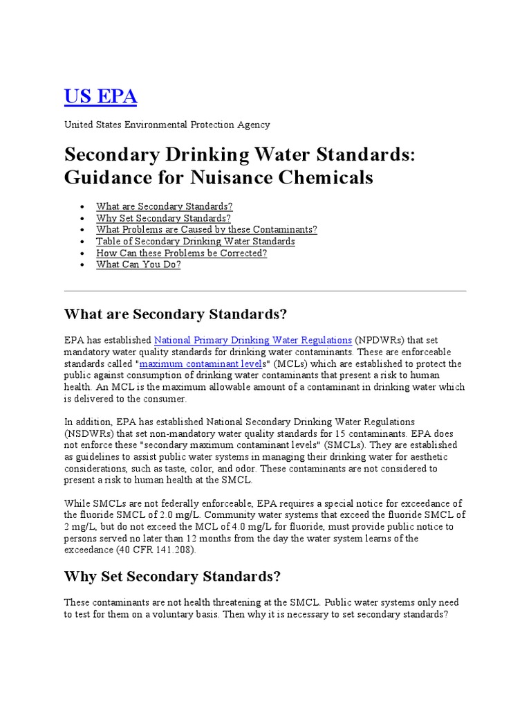Secondary Drinking Water Standards Guide | PDF | Drinking Water | Water ...