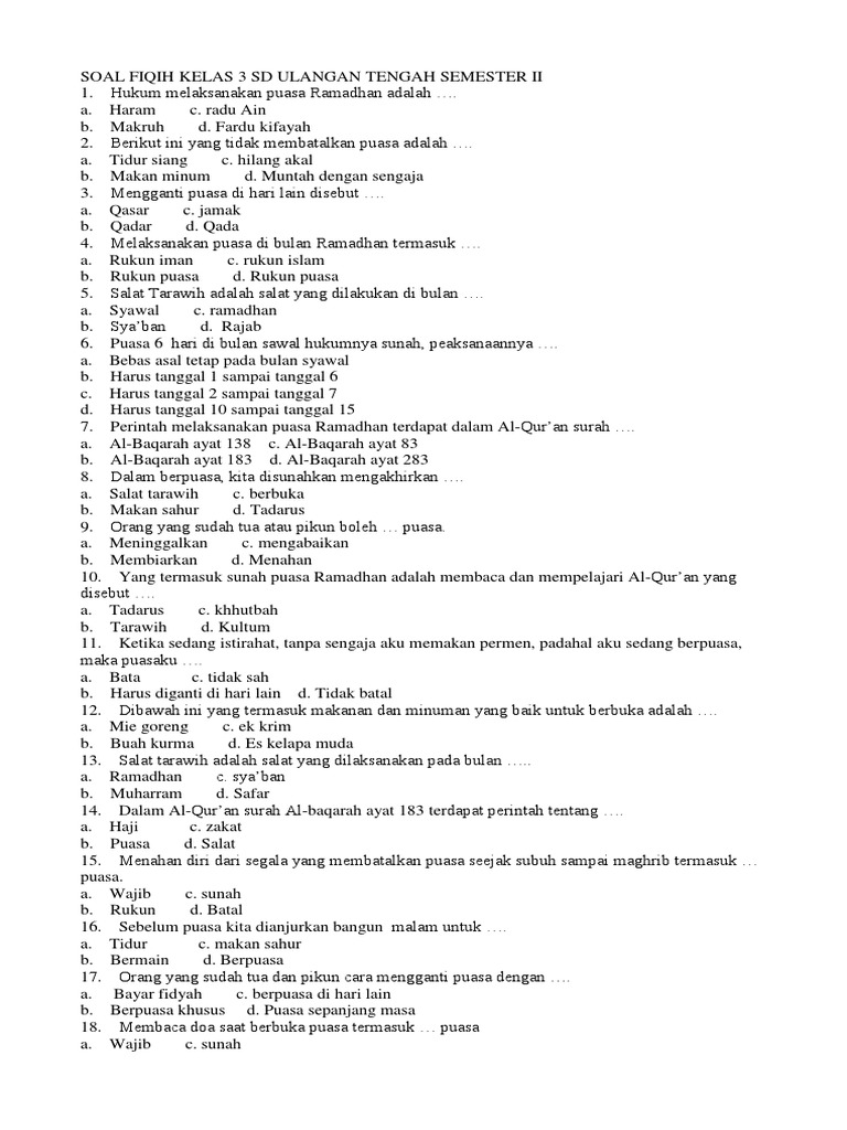 Soal Fiqih Kelas 3 SD Ulangan Tengah Semester II | PDF