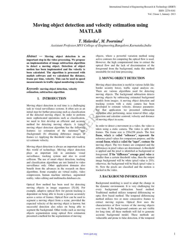 Ijert Ijert: Moving Object Detection and Velocity Estimation Using Matlab | PDF | Computer ...
