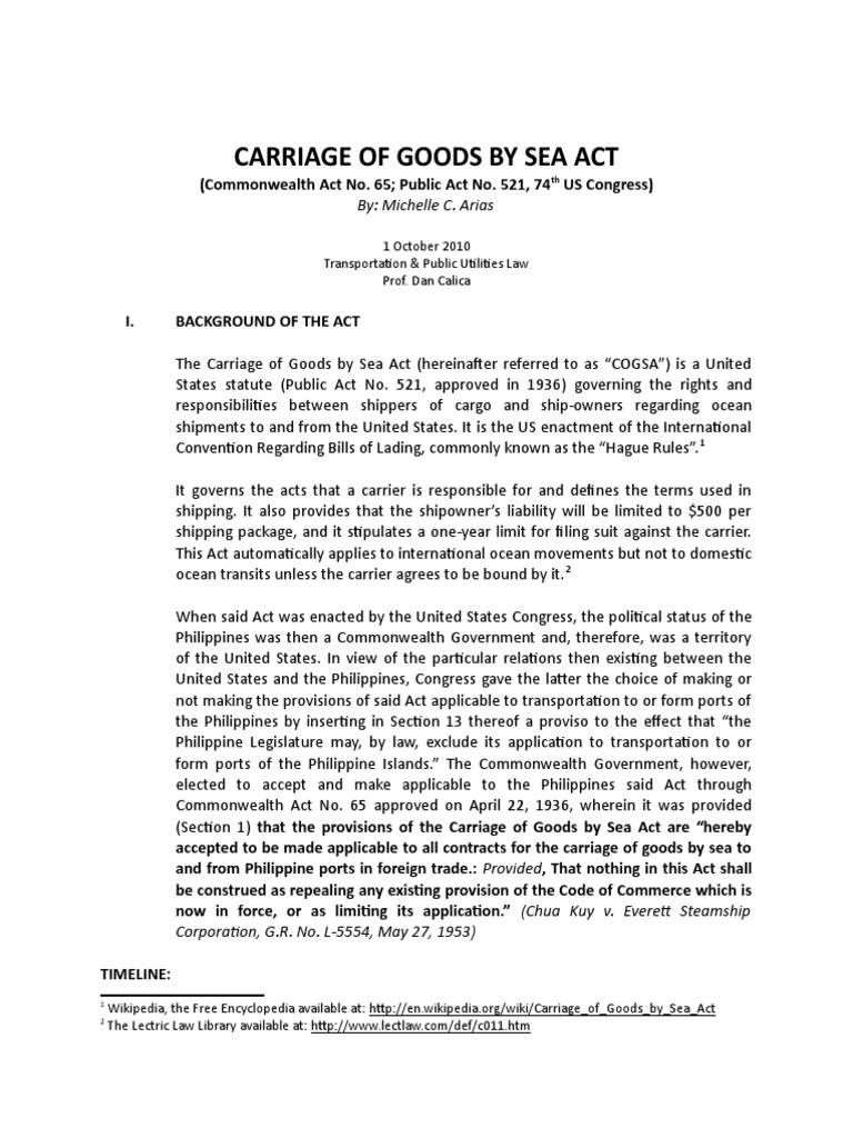 Carriage of Goods by Sea Act | PDF | Bill Of Lading | Common Carrier