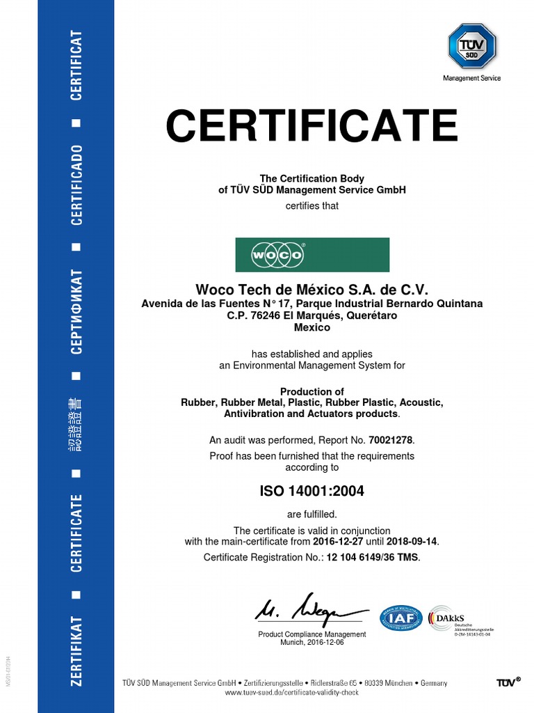 Iso14001 Woco-Mexico en 20161206 | PDF